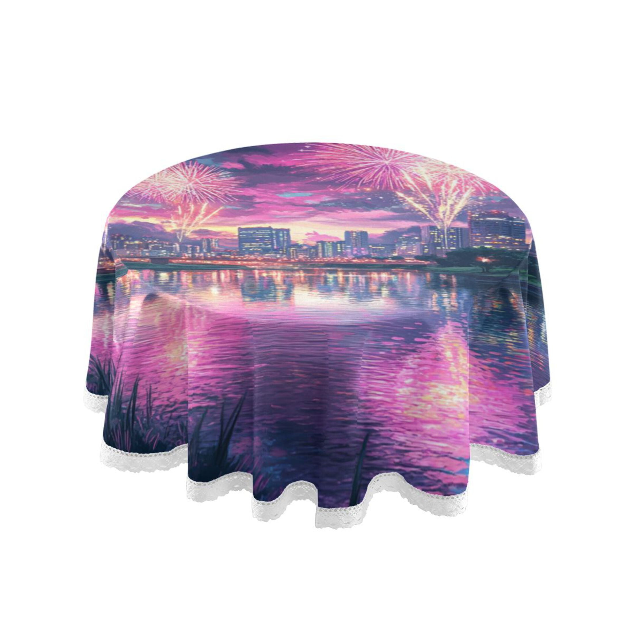 60" Round Tablecloth with White Lace Trim Wrinkle & Heat-Resistant ...