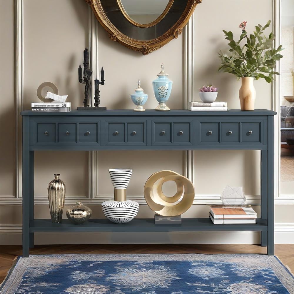 60" Rustic Navy Entryway Console Table with 4 Storage Drawers & Bottom ...