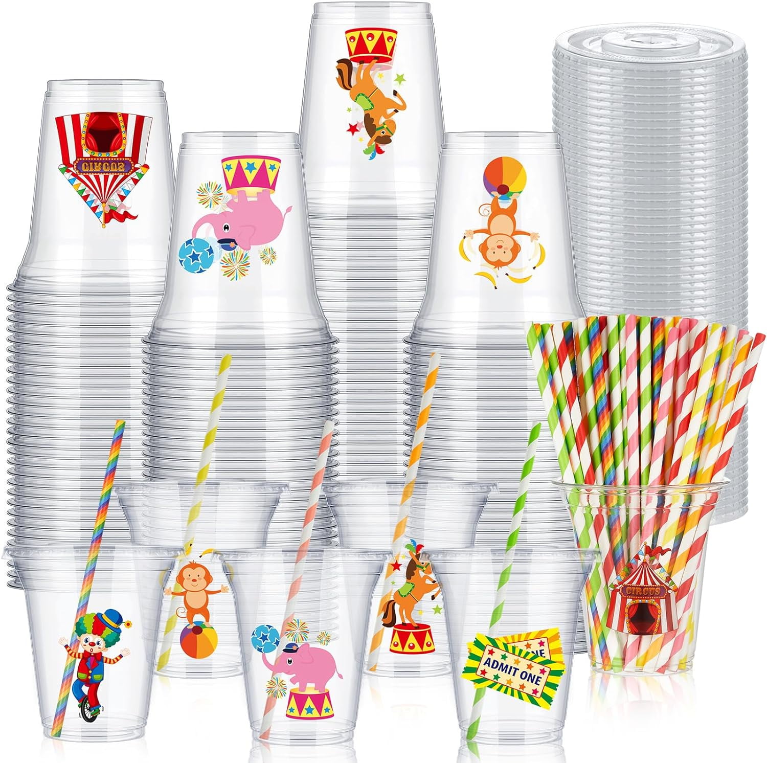 60 Set Plastic Cups Circus Carnival Themed 14 oz Disposable Clear Cups ...