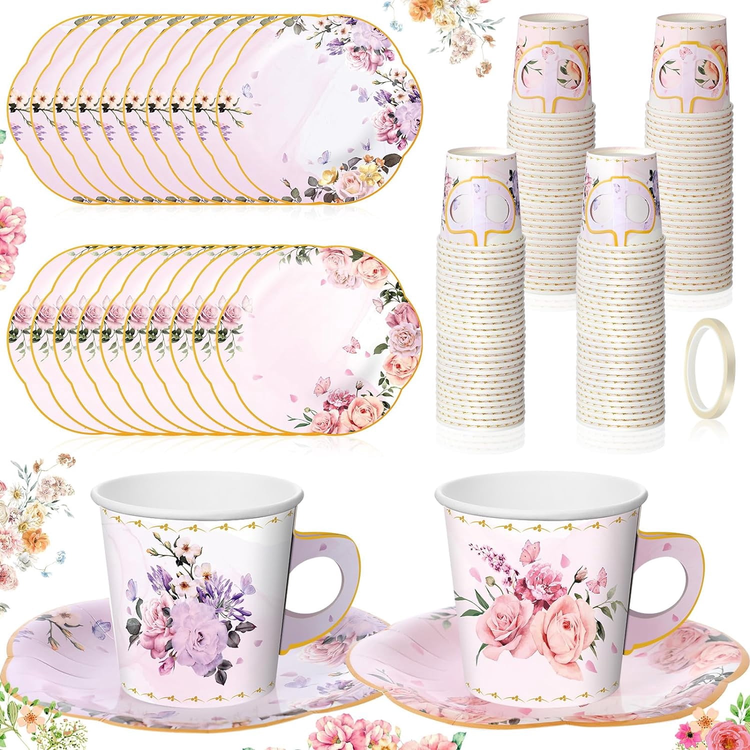 60 Set Tea Party Supplies Disposable Floral Paper Tea Cups with Handle ...