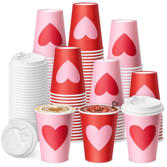 60 Set Valentine's Day Disposable Coffee Cups with Lids 12oz Red Pink ...