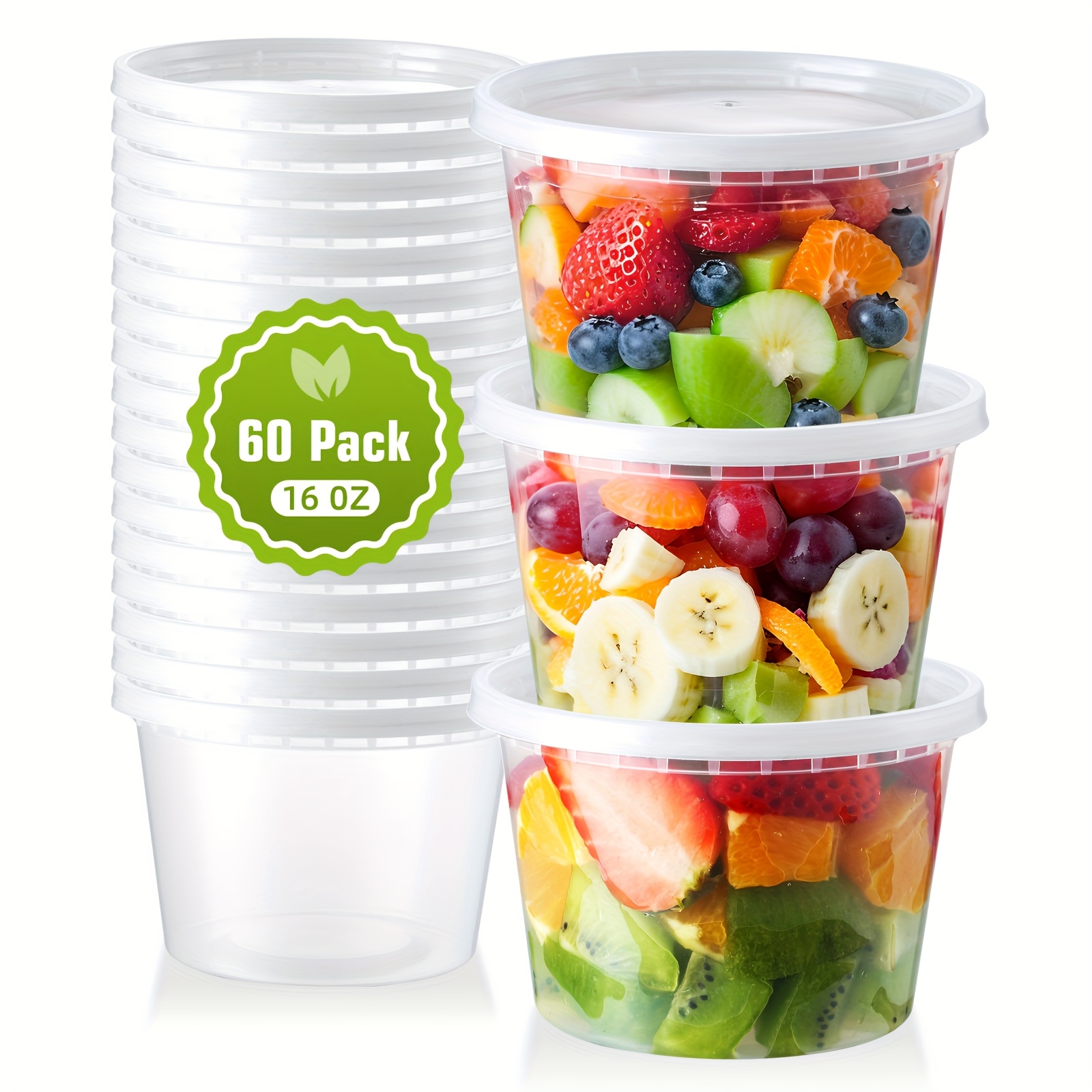 60 Sets 16oz Lidded Fruit Cups - Leak-Proof Plastic Food Storage ...