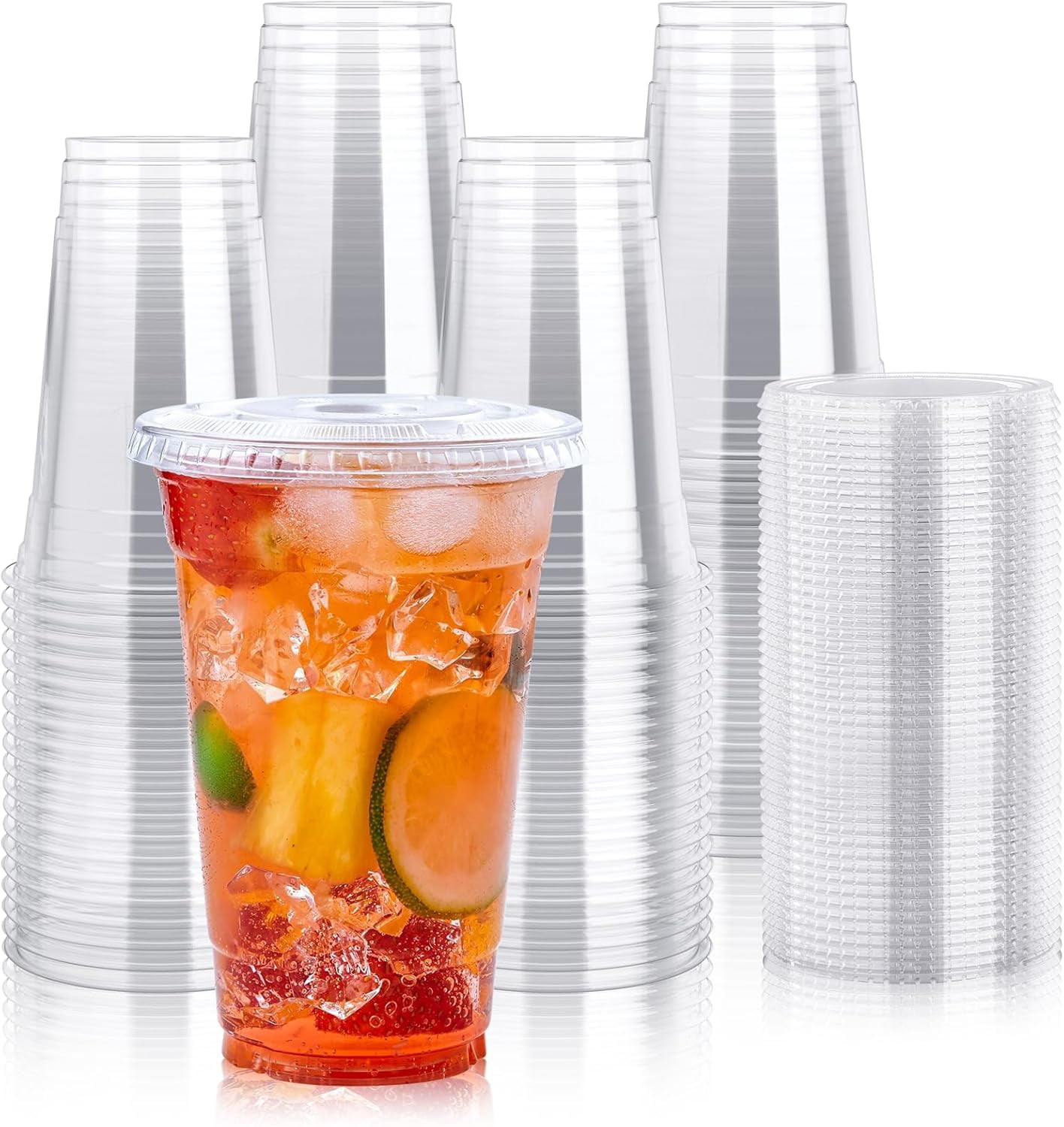 60 Sets 24 oz Clear Plastic Cups With Flat Lids, 24 Ounce Disposable ...