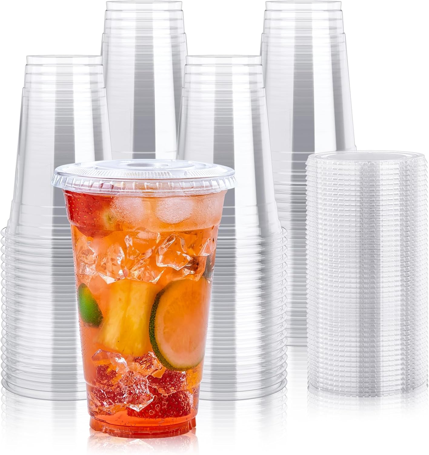 60 Sets 24 oz Clear Plastic Cups With Flat Lids | Disposable Drinking ...