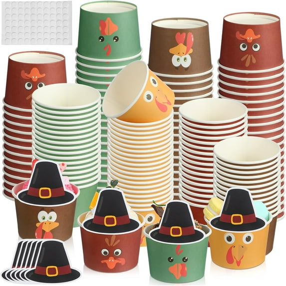 60 Sets 8 oz Turkey Snack Cups Hat Cards Thanksgiving Disposable Paper ...