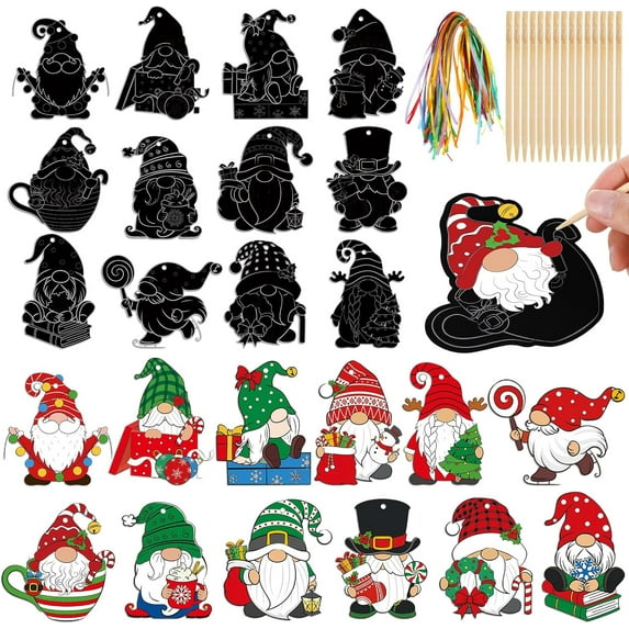 60 Sets Christmas Scratch Art Ornaments - Gnome Scratch Off Paper Card ...