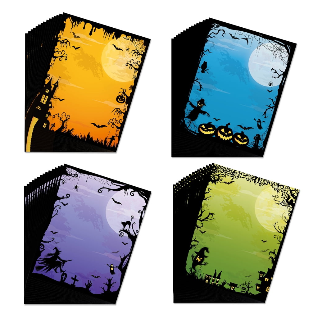 60 Sheets Halloween Stationery Paper 4 Designs Halloween Border Letter ...