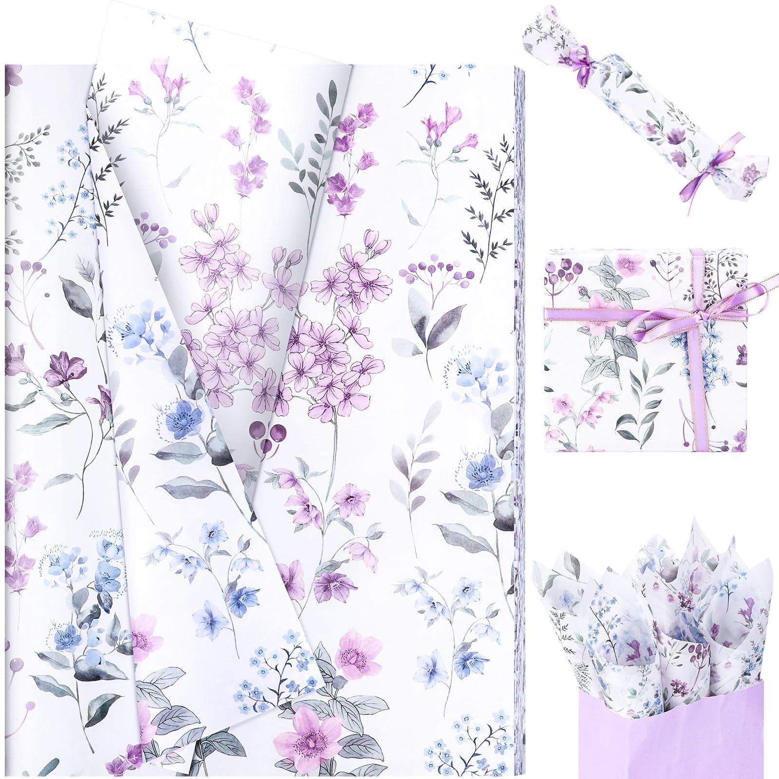60 Sheets Purple Flower Tissue Paper, BSL1 20x14 Inches Watercolor ...
