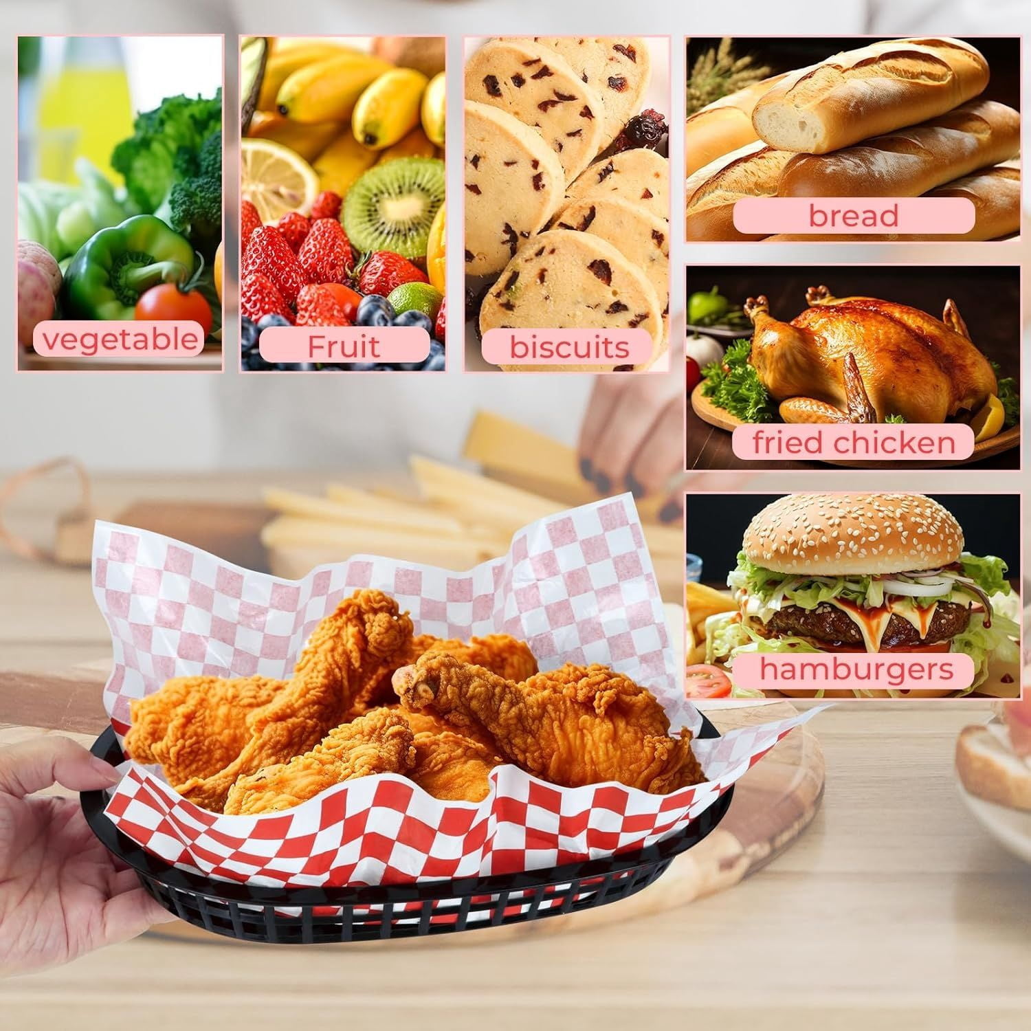 60 Sheets Red Checkered Deli Liners and 6 Black Fast Food Baskets ...