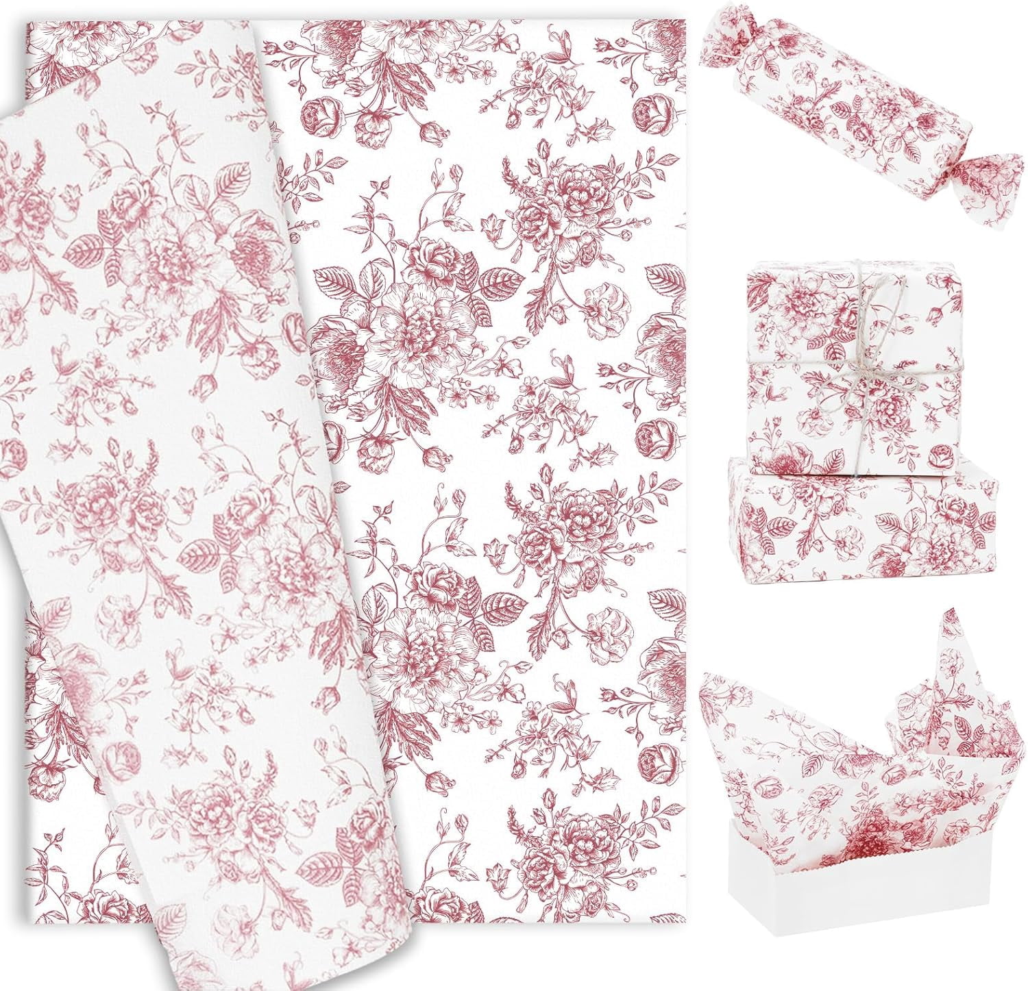 60 Sheets Red Floral Tissue Paper Vintage Flower Gift Wrapping Paper ...