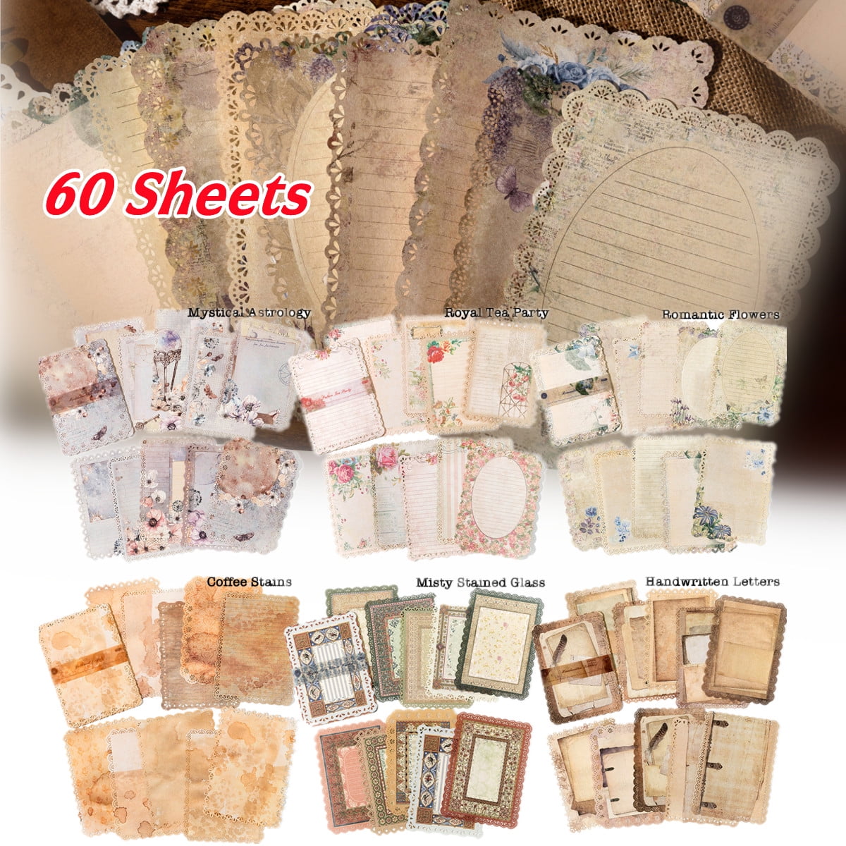 60 Sheets Vintage Lace Edged Scrapbook Paper Assorted Set, 6 Pack Mixed ...