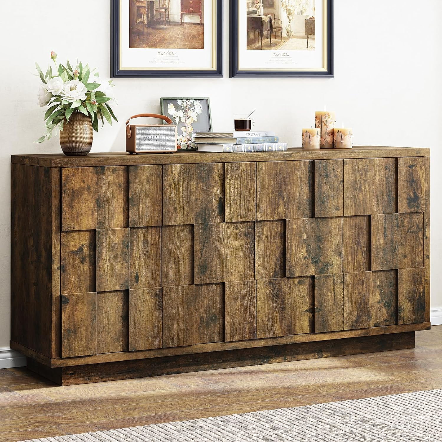 60" Sideboard Buffet Cabinet with Storage, Irregular Panel Design ...
