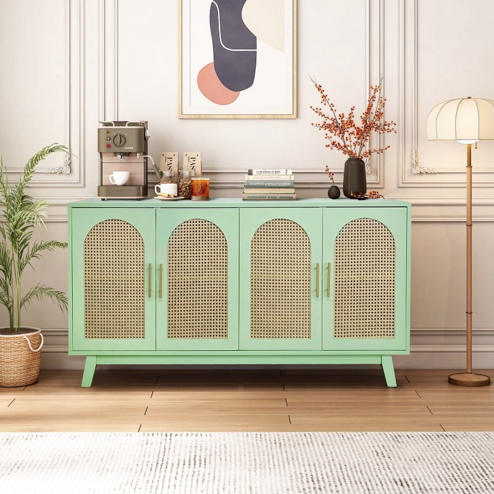60" Sideboard Buffet Cabinet with Rattan Doors, Boho 4-Door Cabinet ...