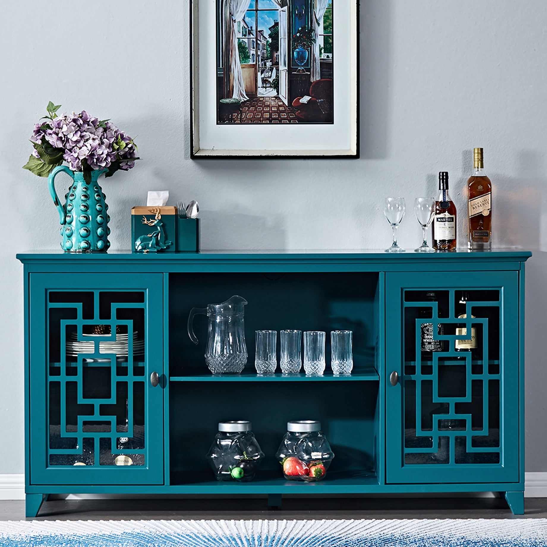60" Sideboard Buffet Table With Adjustable Shelves And Solid Wood Legs ...