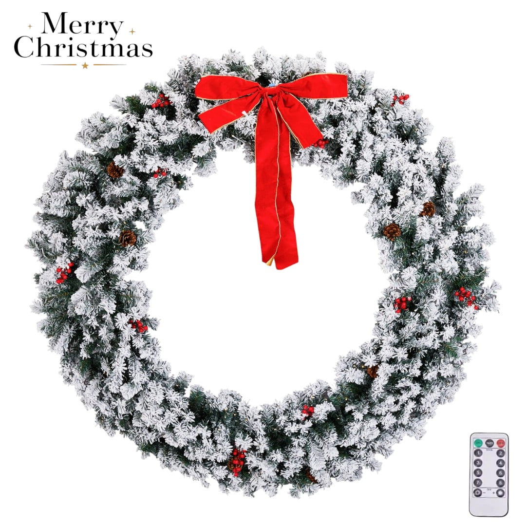 60" Snow-Flocked Christmas Wreath – Pre-Lit Artificial Xmas Wreath w ...