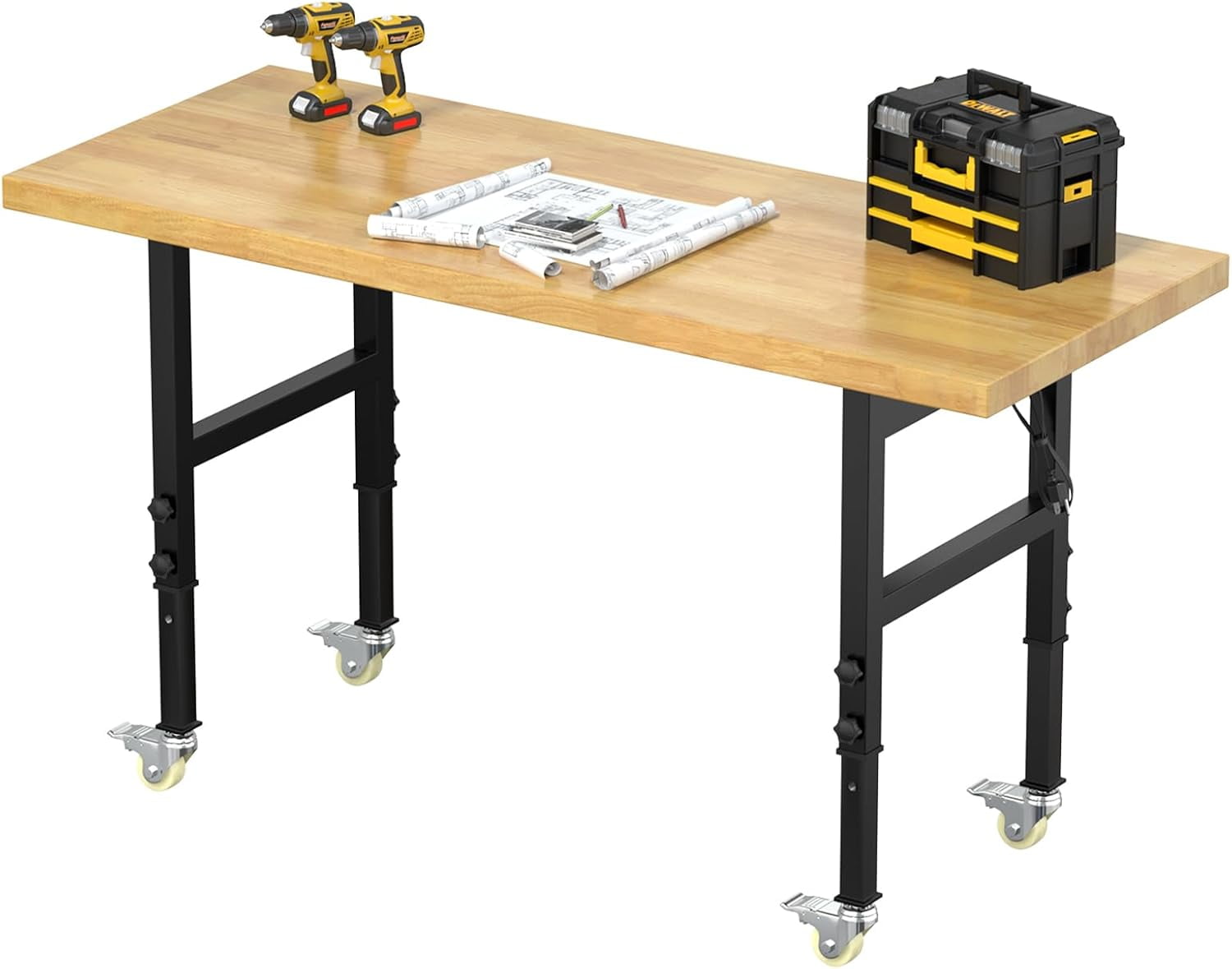 60" Solid Wood Work Bench with Wheels, Work Table with Power Outlet ...