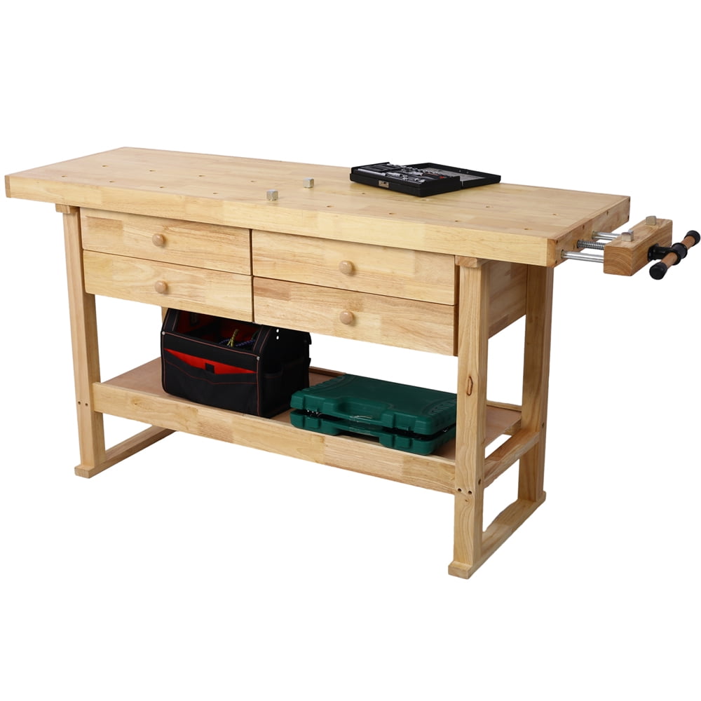 60" Solid Wood Workbench with 4 Drawers and Lower Shelf, Multi-Function ...