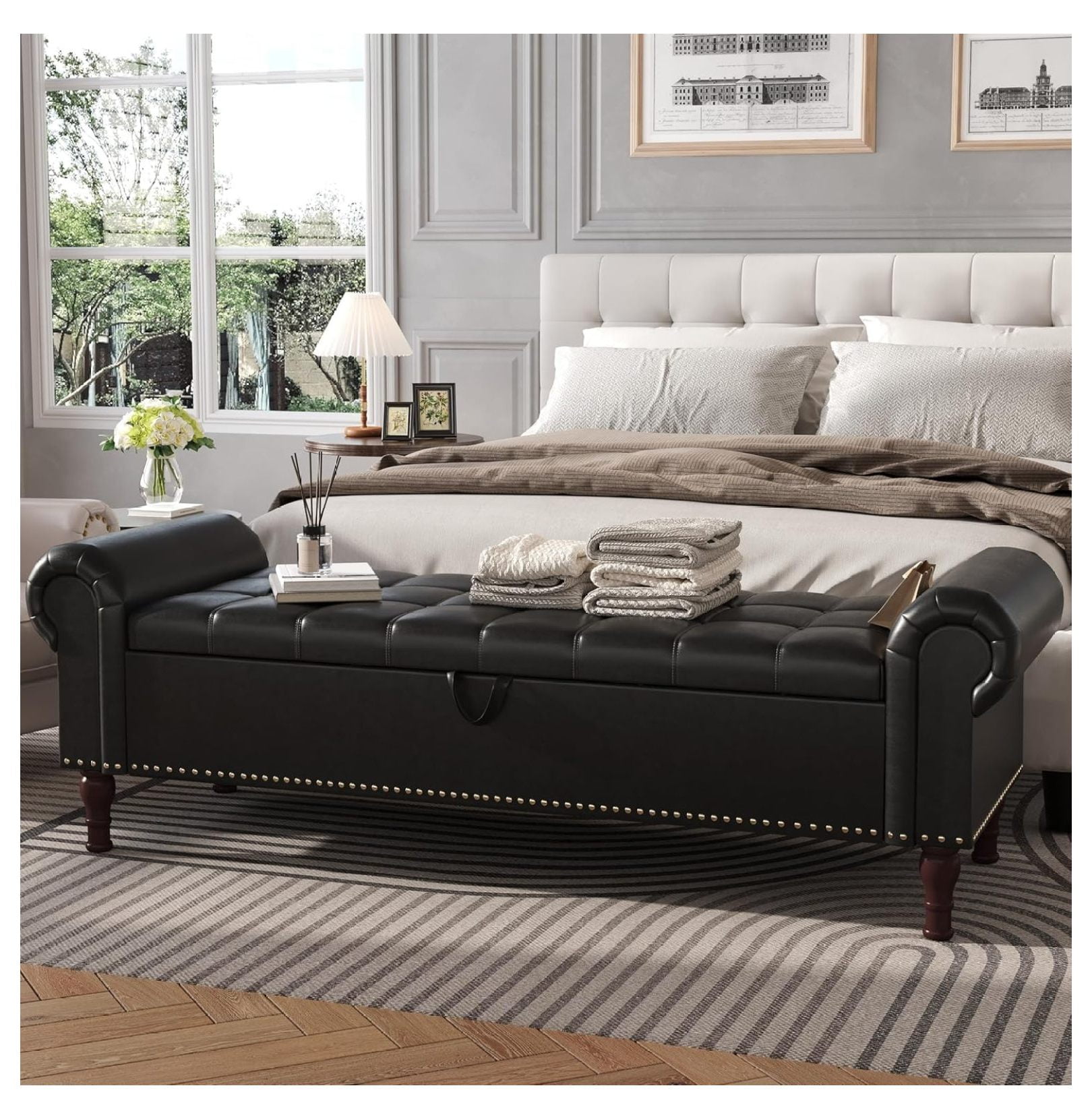 60”Storage Benches, Queen Size Faux Leather Bed Bench with Tufted ...