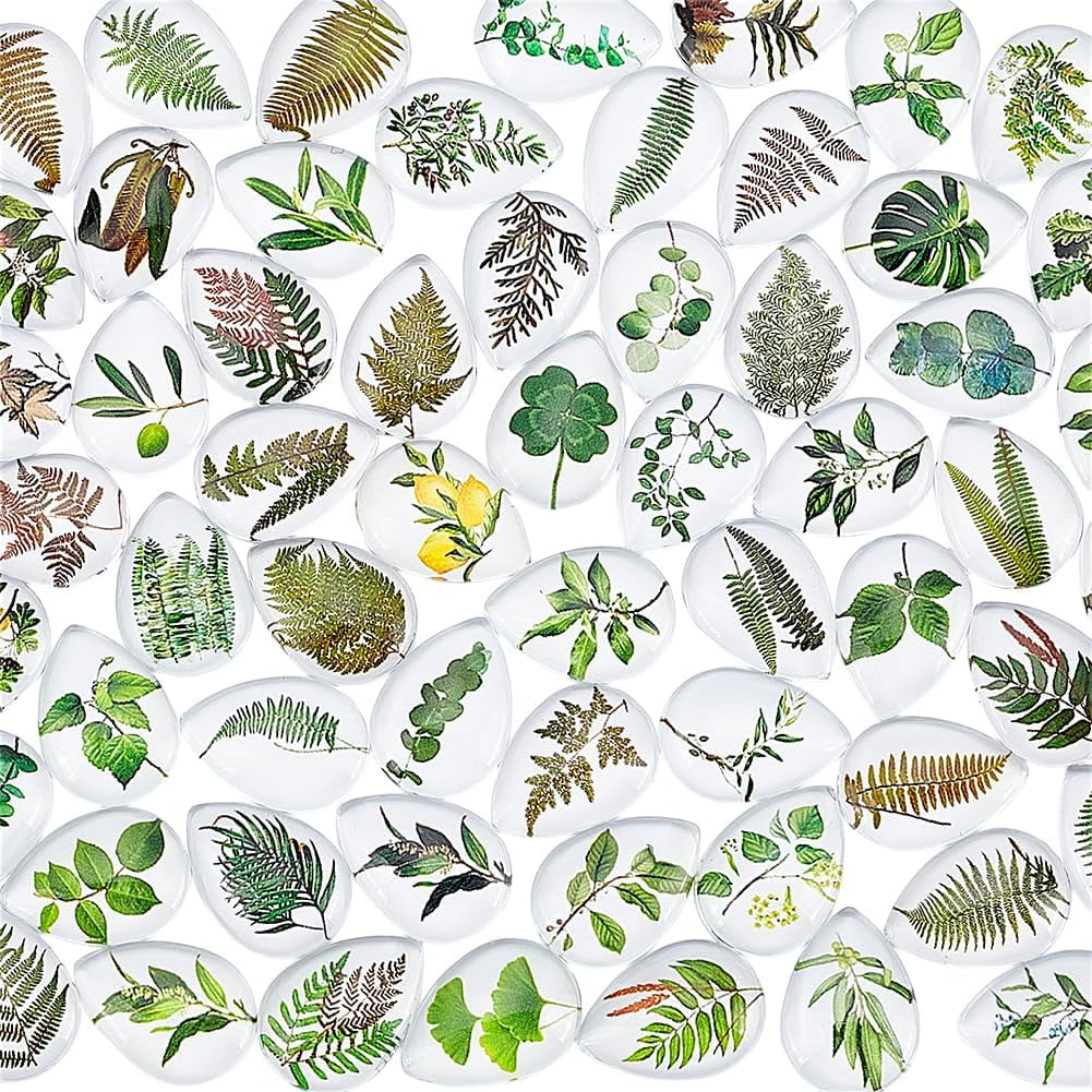 60 Styles Plant Teardrop Glass Cabochons Green Plants Theme Cabochons ...