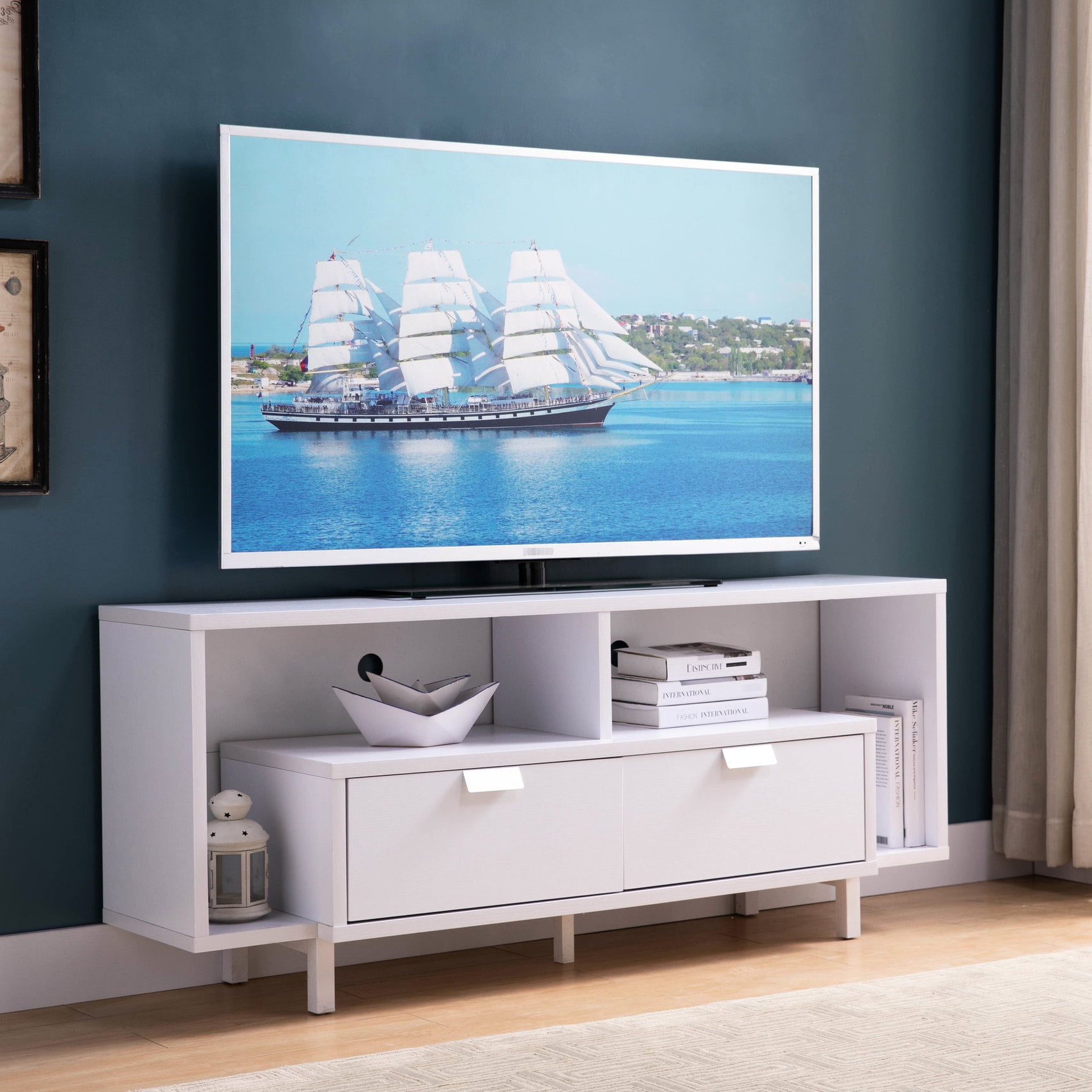 60" TV Stand with Shelf & Drawer Storage / Organize Messy Wires in ...
