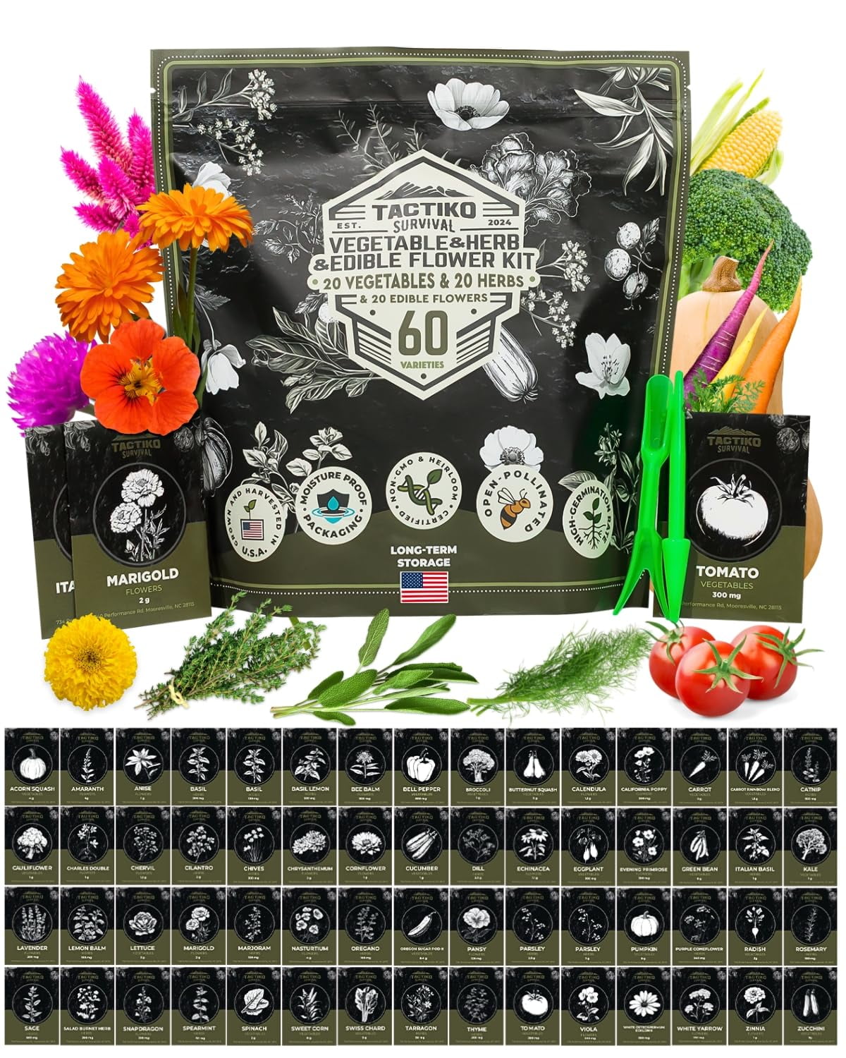 60 Tactiko Vegetable & Herb & MVR1 Edible Flower Seed Kit - Harvested Non-GMO Heirloom Varieties ...