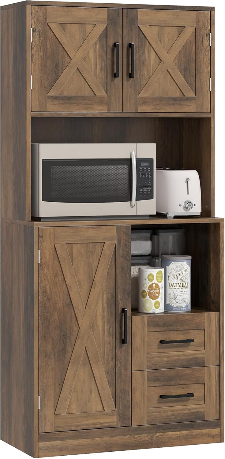 60" Tall Kitchen Pantry Cabinet, Farmhouse Freestanding Hutch with ...