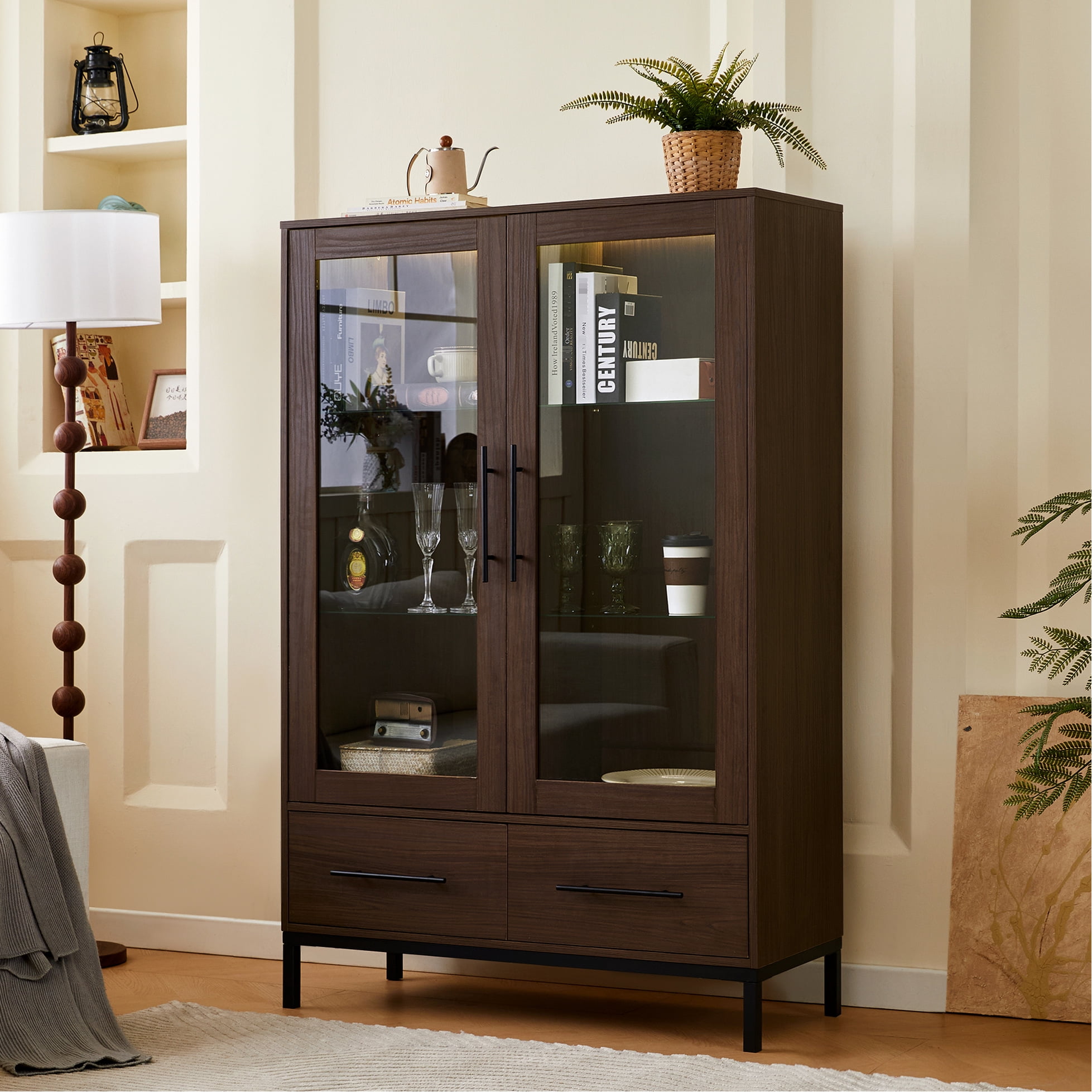 60'' Tall Living Room Display Cabinet With Led Lights, Tempered Glass Door, Walnut, 4 Adjustable ...