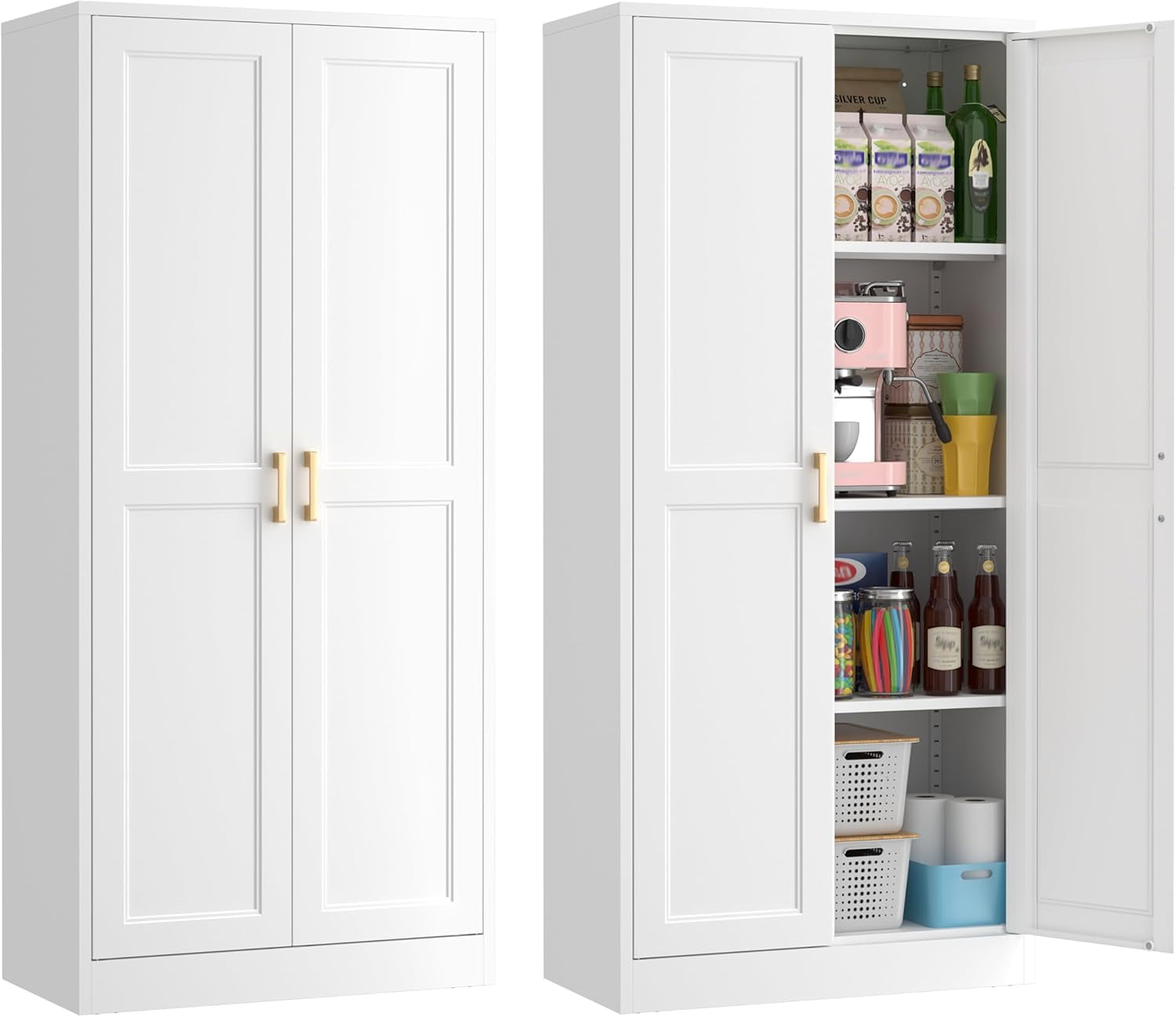 60" Tall Metal Pantry Cabinet, White Kitchen Pantry Storage Cabinet ...
