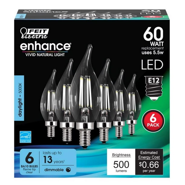 60 W Equivalent Daylight CA10 Dimmable Enhance Glass Candelabra ...