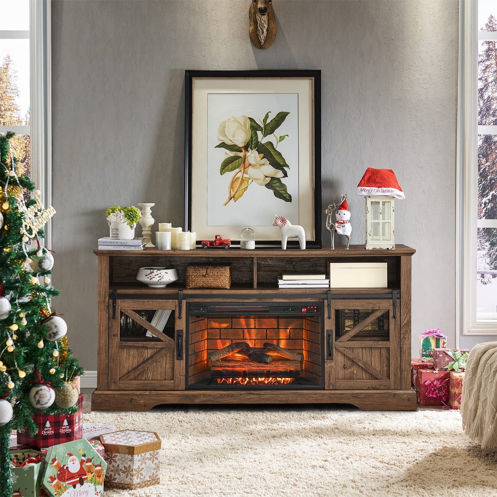 60"W Fireplace TV Stand with Sliding Barn Door, Farmhouse TV Console ...