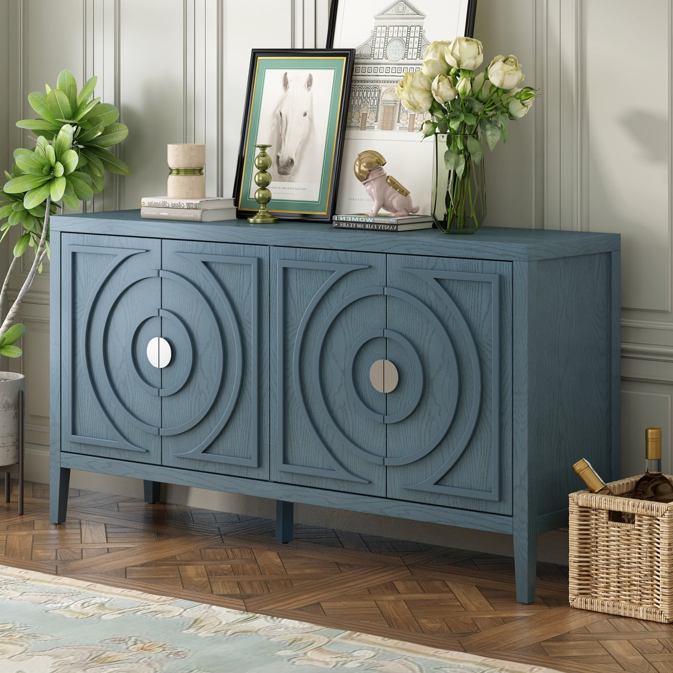 60" W Large Buffet Sideboard Cabinet with Adjustable Shelf, Circular ...