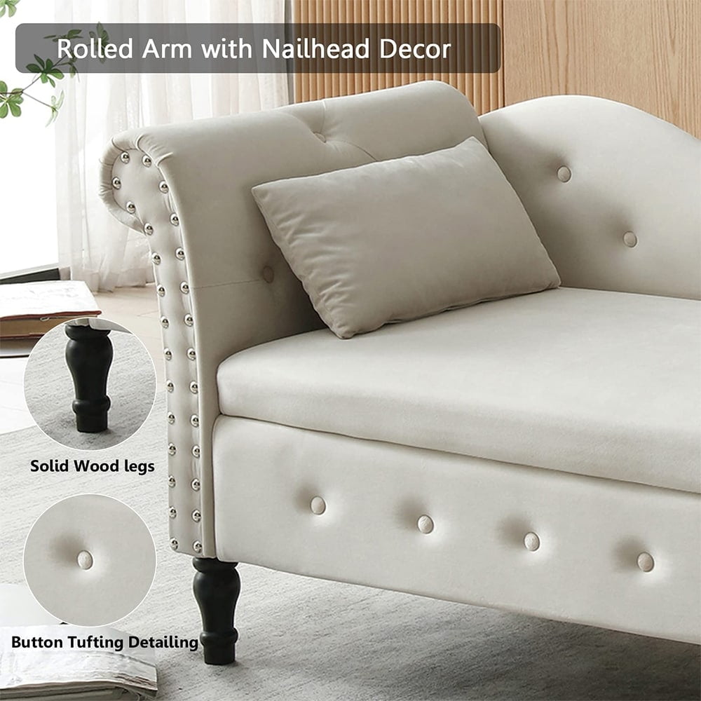 60"W Velvet Tufted Chaise Lounge, Storage Chaise Sofa, Solid Wood Leg ...