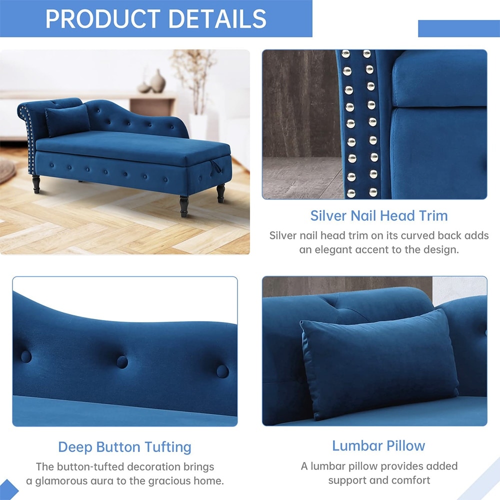 60"W Velvet Tufted Chaise Lounge, Storage Chaise Sofa, Solid Wood Leg ...