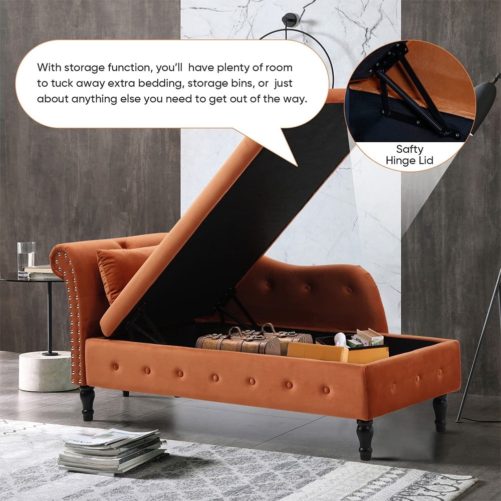 60"W Velvet Tufted Chaise Lounge, Storage Chaise Sofa, Solid Wood Leg ...