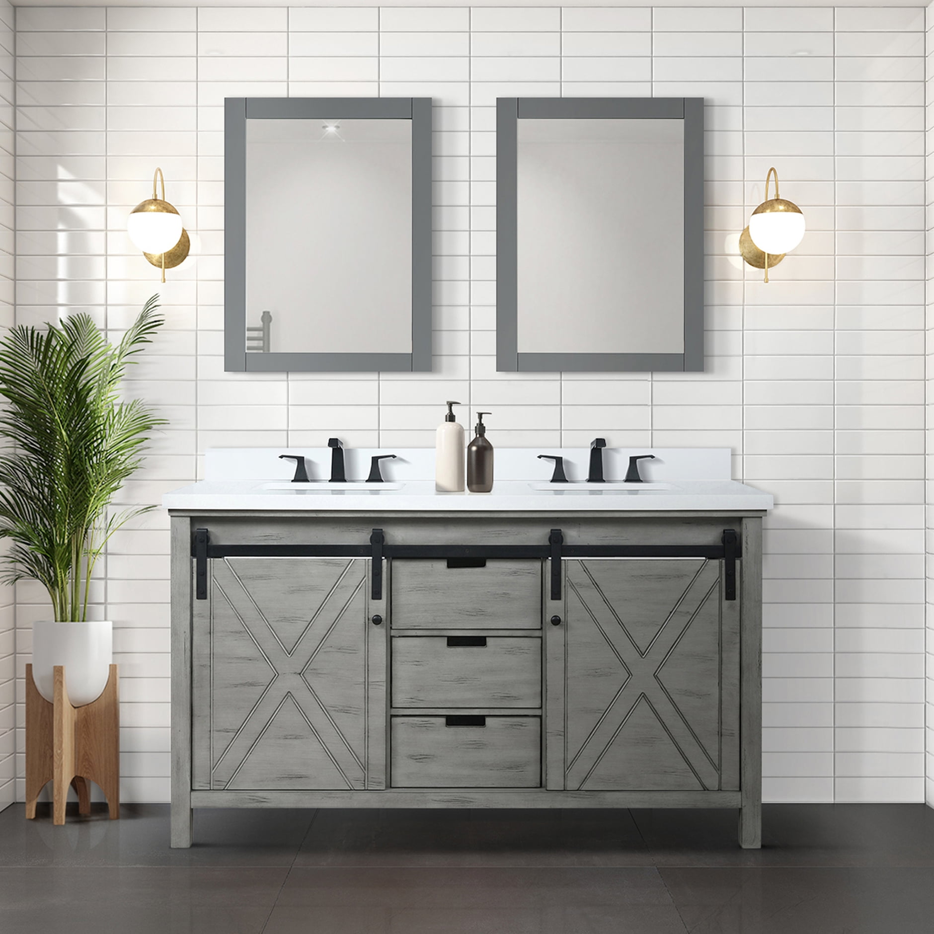 60" W X 22" D Ash Grey Double Bath Vanity With White Quartz Countertop ...