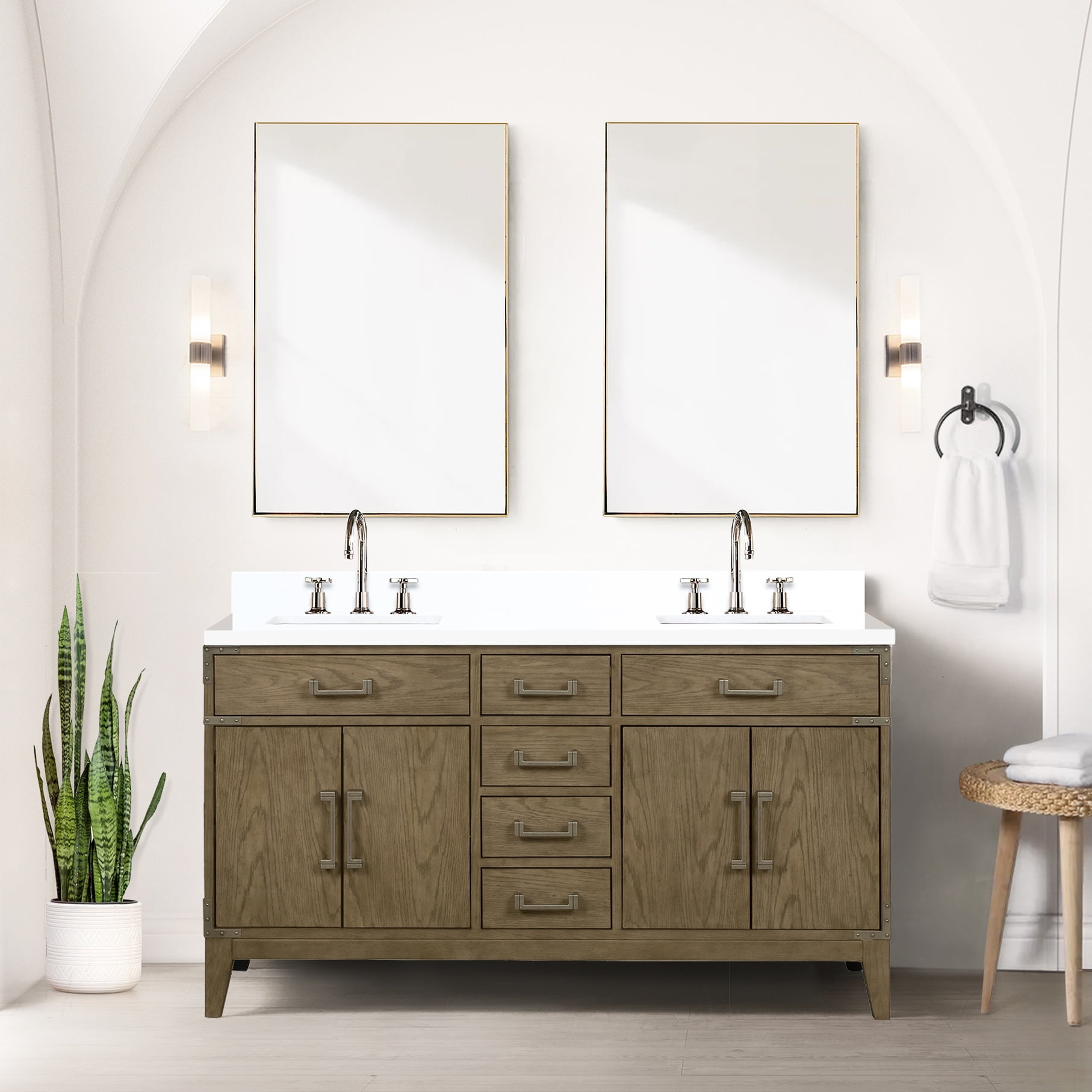 60" W X 22" D Grey Oak Bath Vanity With Cultured Marble Top And Faucet ...