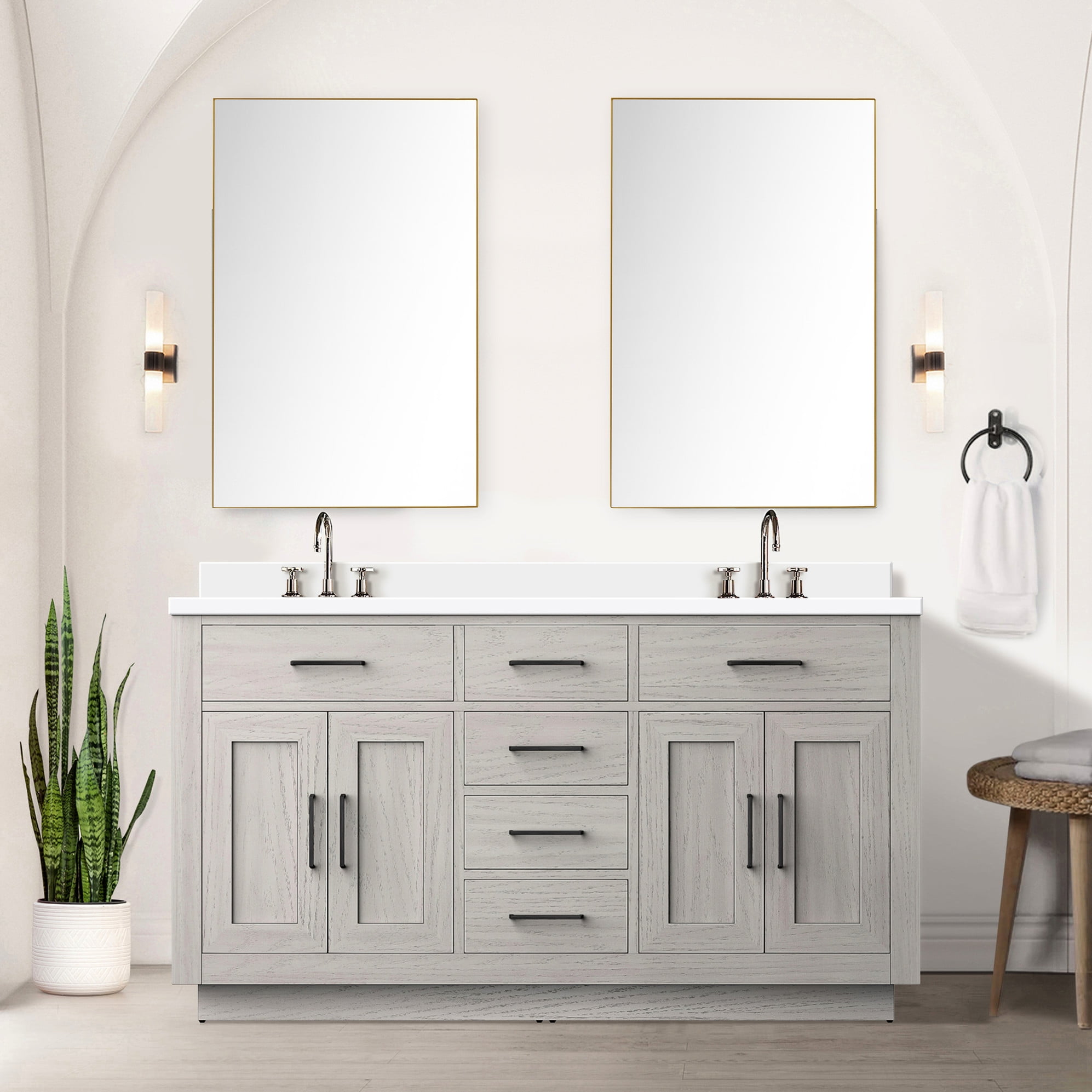 60" W X 22" D White Oak Double Bath Vanity With Quartz - Solid Wood ...