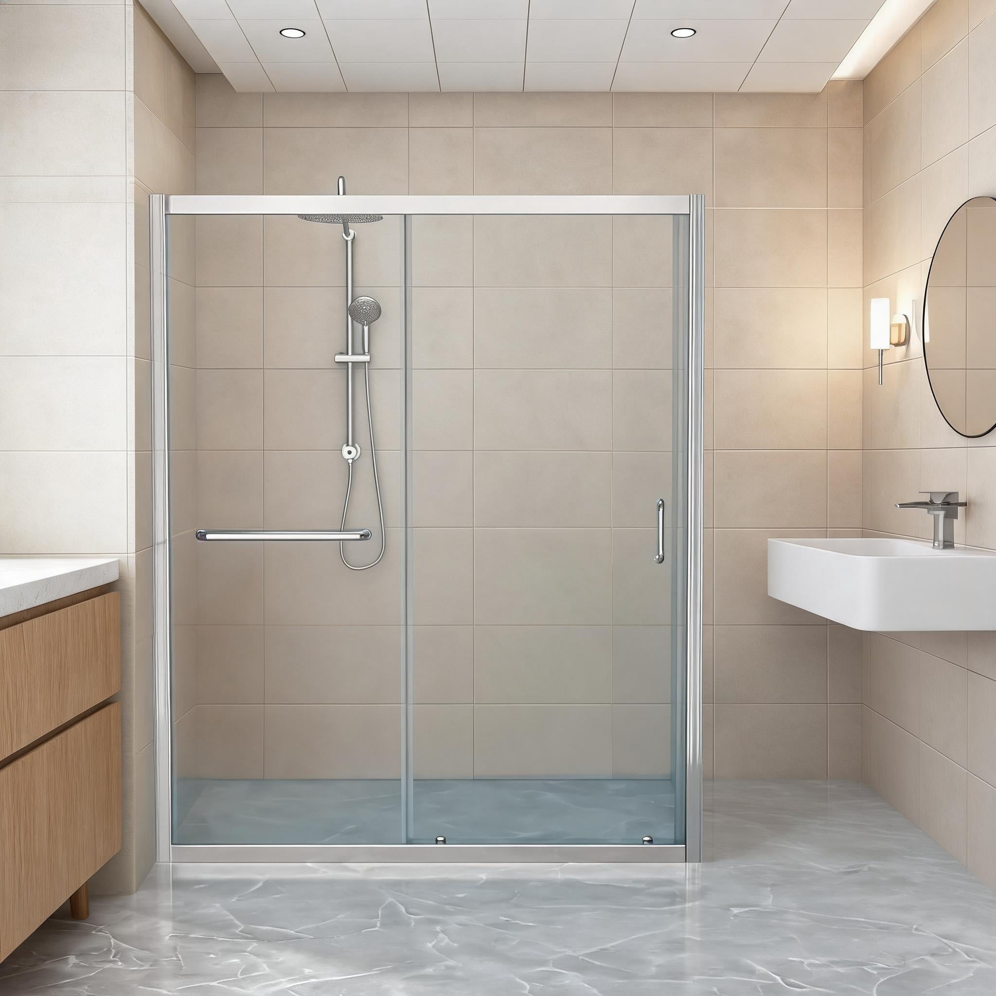 60 W x 72 H Soft Silver Glass Single Sliding Shower Enclosure Modern ...