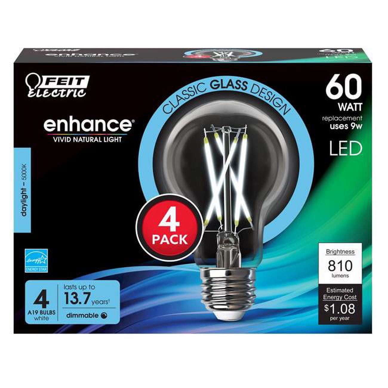 60 Watt Equivalence A19 E26 Medium Filament LED Bulb, Daylight - Pack ...