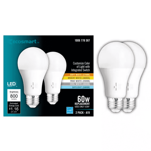EcoSmart, LED 60W Equivalent Selectable Color A19, 2 Pack - Walmart.com