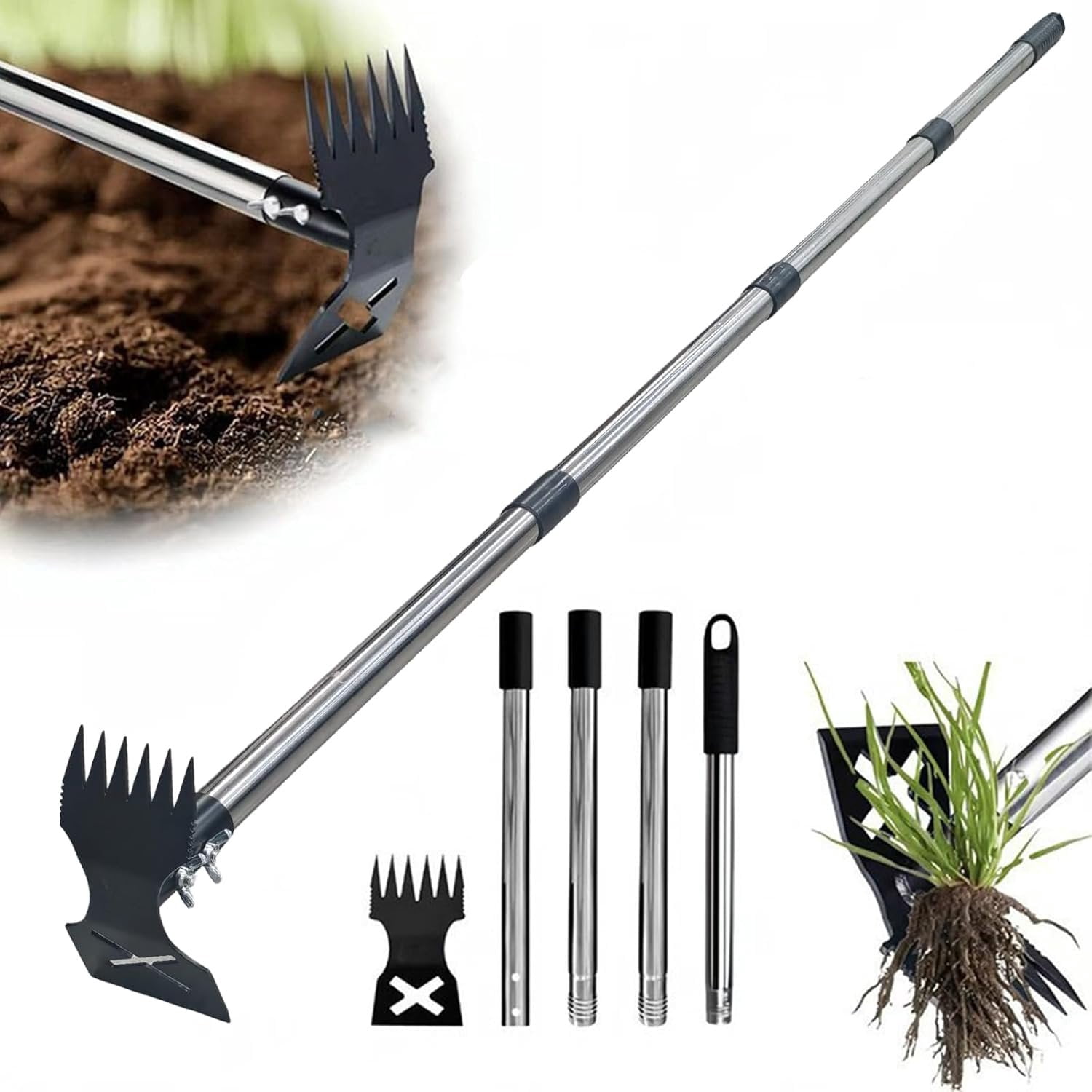 60" Weed Puller Tool with Long Handle, Heavy Duty 2-in-1 Weed Rake and ...