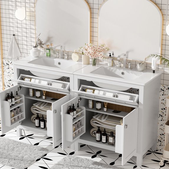 60" White Bathroom Vanity with Double Sinks | Soft - close Hinges, U ...