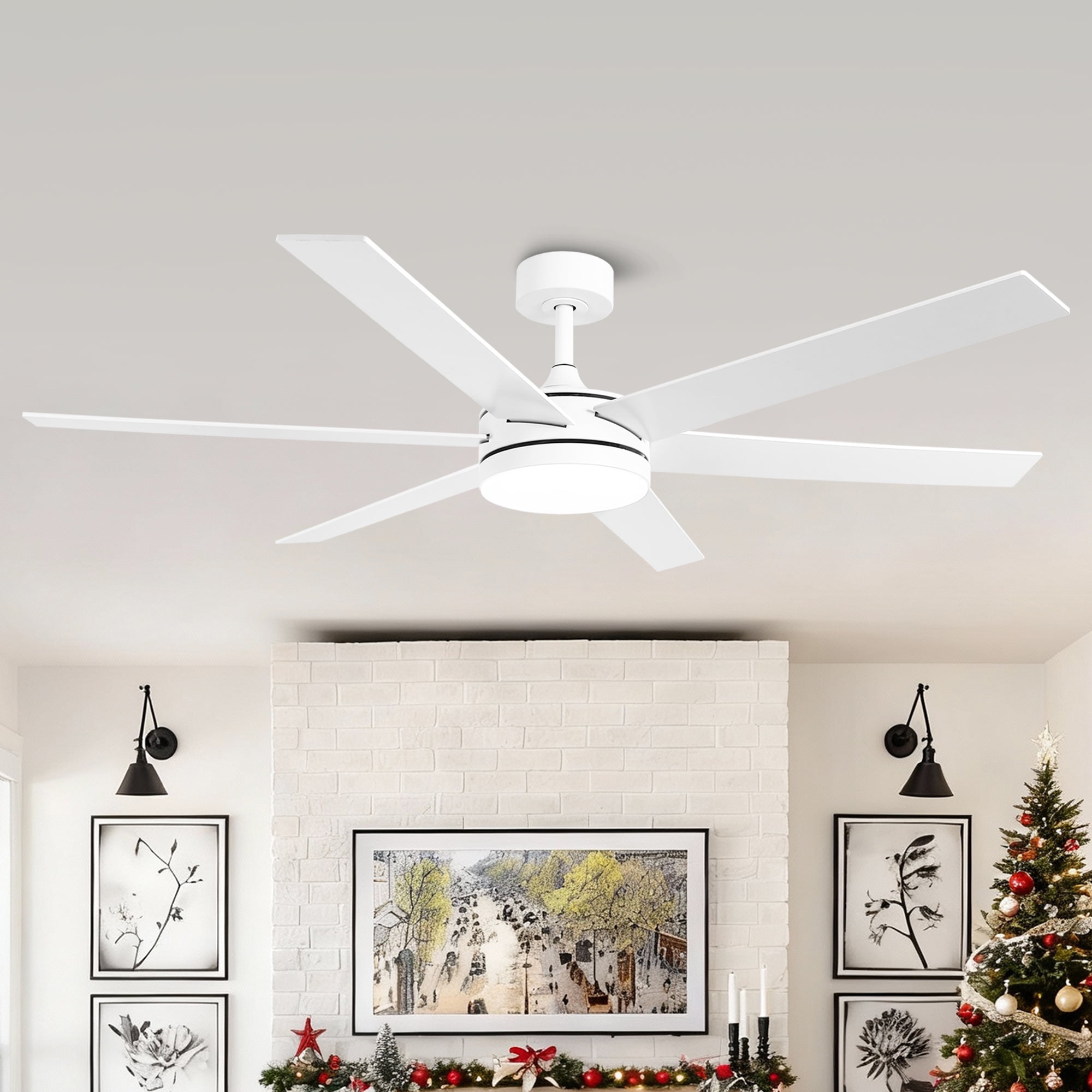 60" Modern White Wood Grain Smart Ceiling Fan with Dimmable LED Light ...