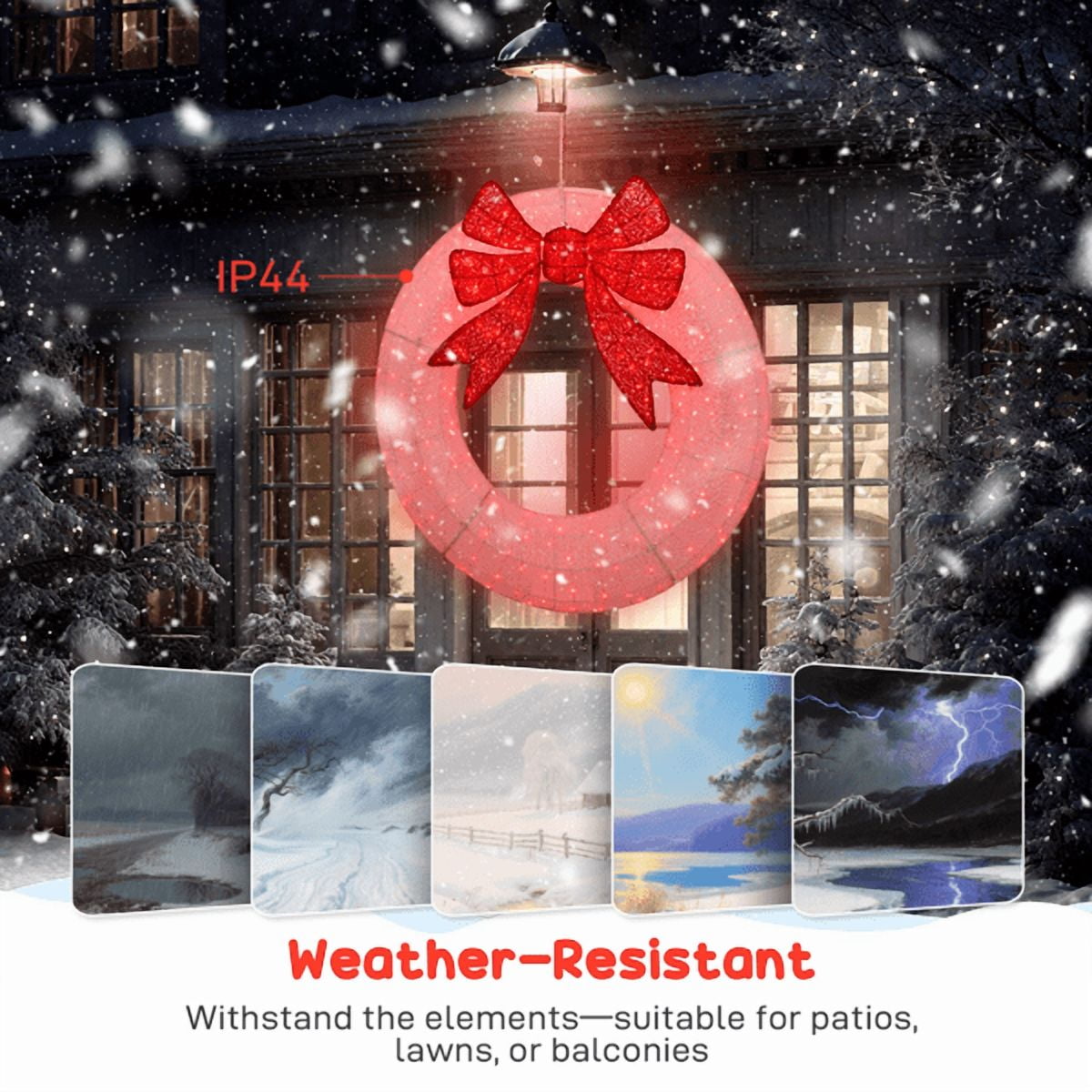 60" White Pre-Lit Christmas Wreath, 278 Dual-Color LEDs, Festive Bow ...