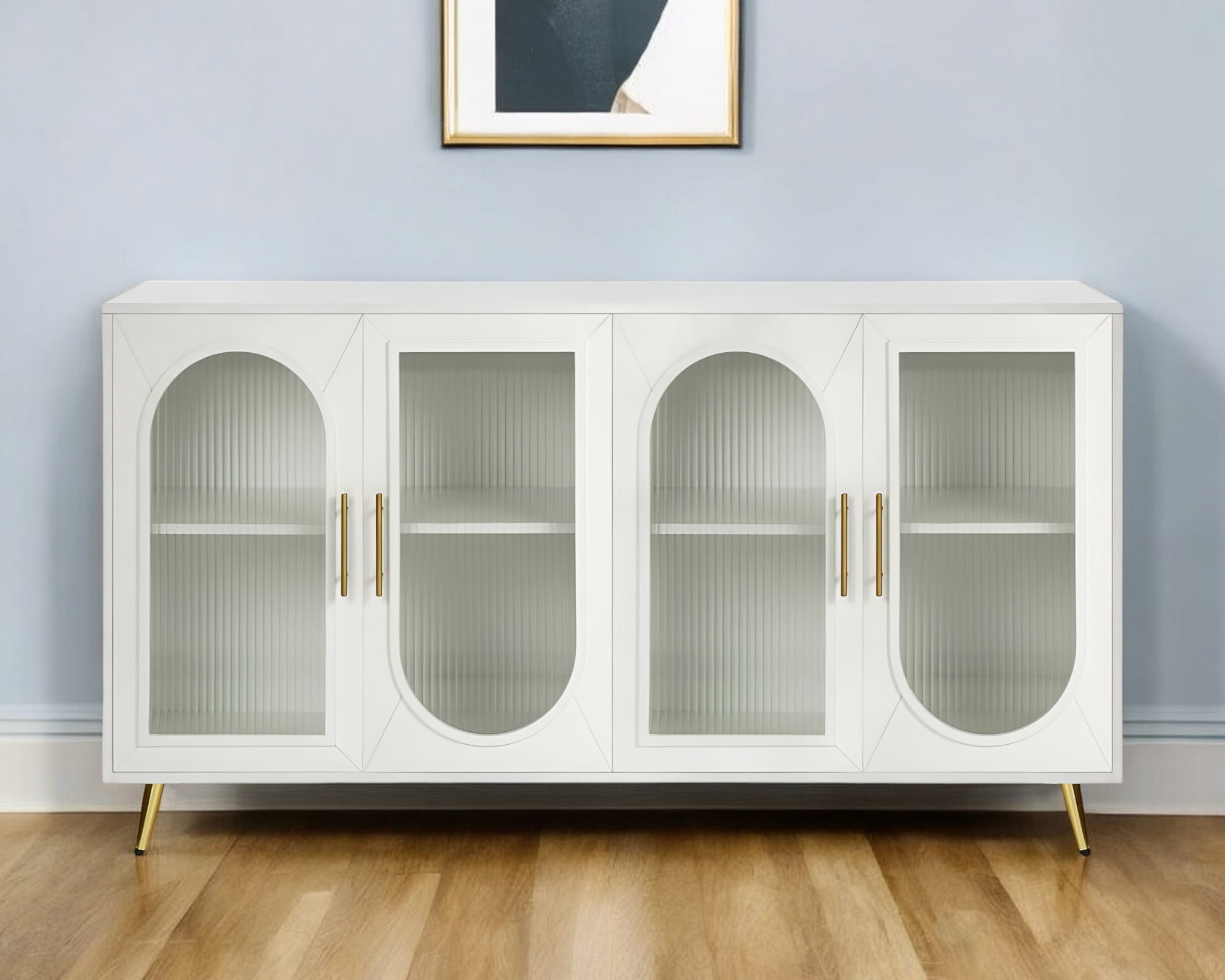 60" White Ribbed Texture Wood And Glass Sideboard with Four Doors ...