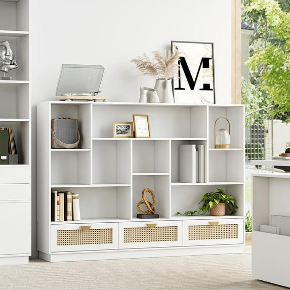 60" Wide Bookshelf with 3 Drawers, Wood Bookcase with 12 Open Cubes ...