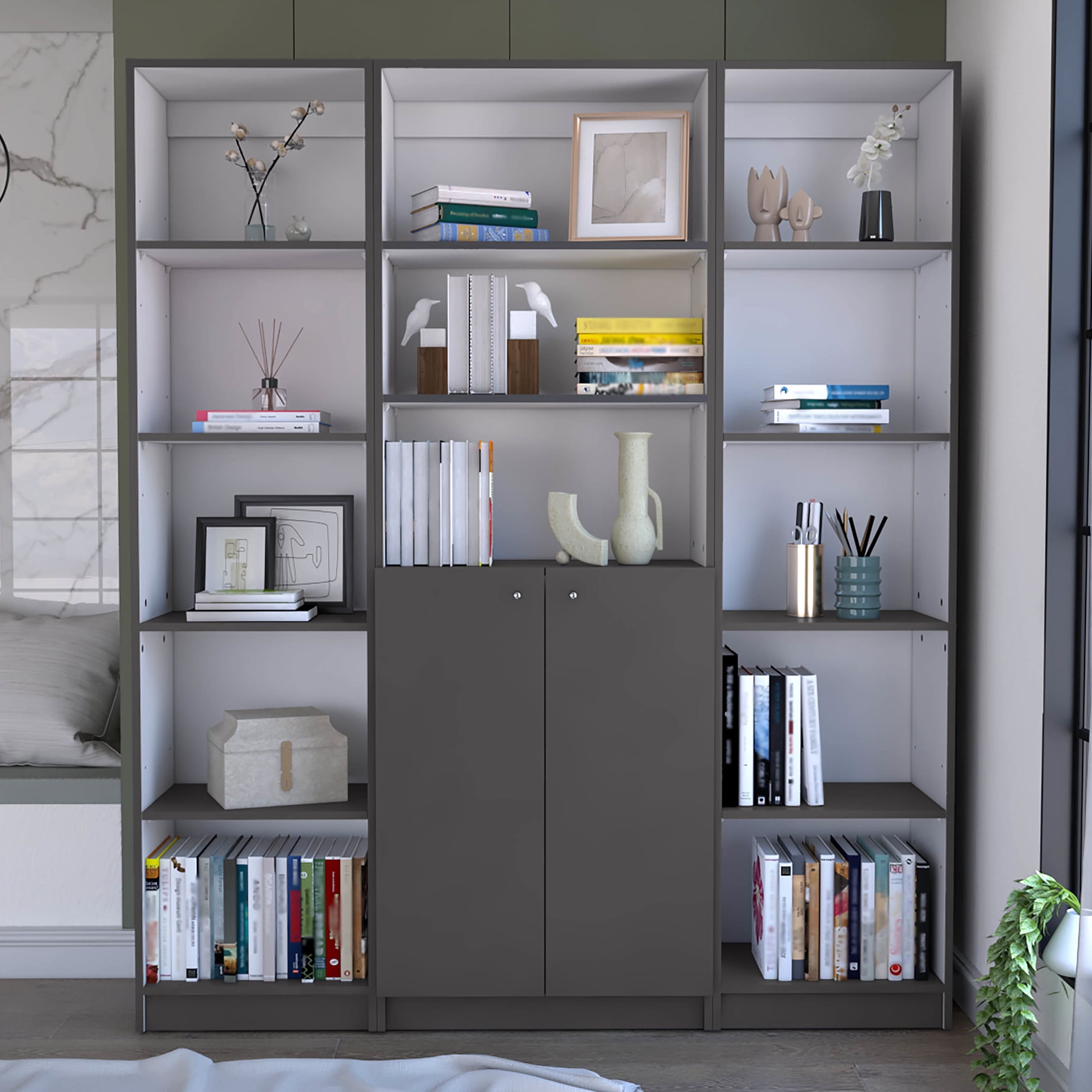 60" Wide Home Bookcase With 13 Shelves & 2-door Cabinet, 3 Piece, Matt ...