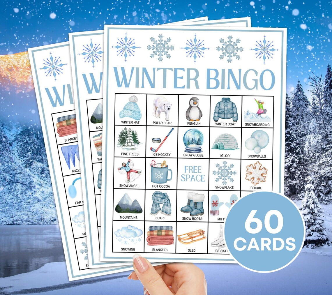 60 Winter Bingo Cards Printable Game, Winter Bingo Board Activity ...