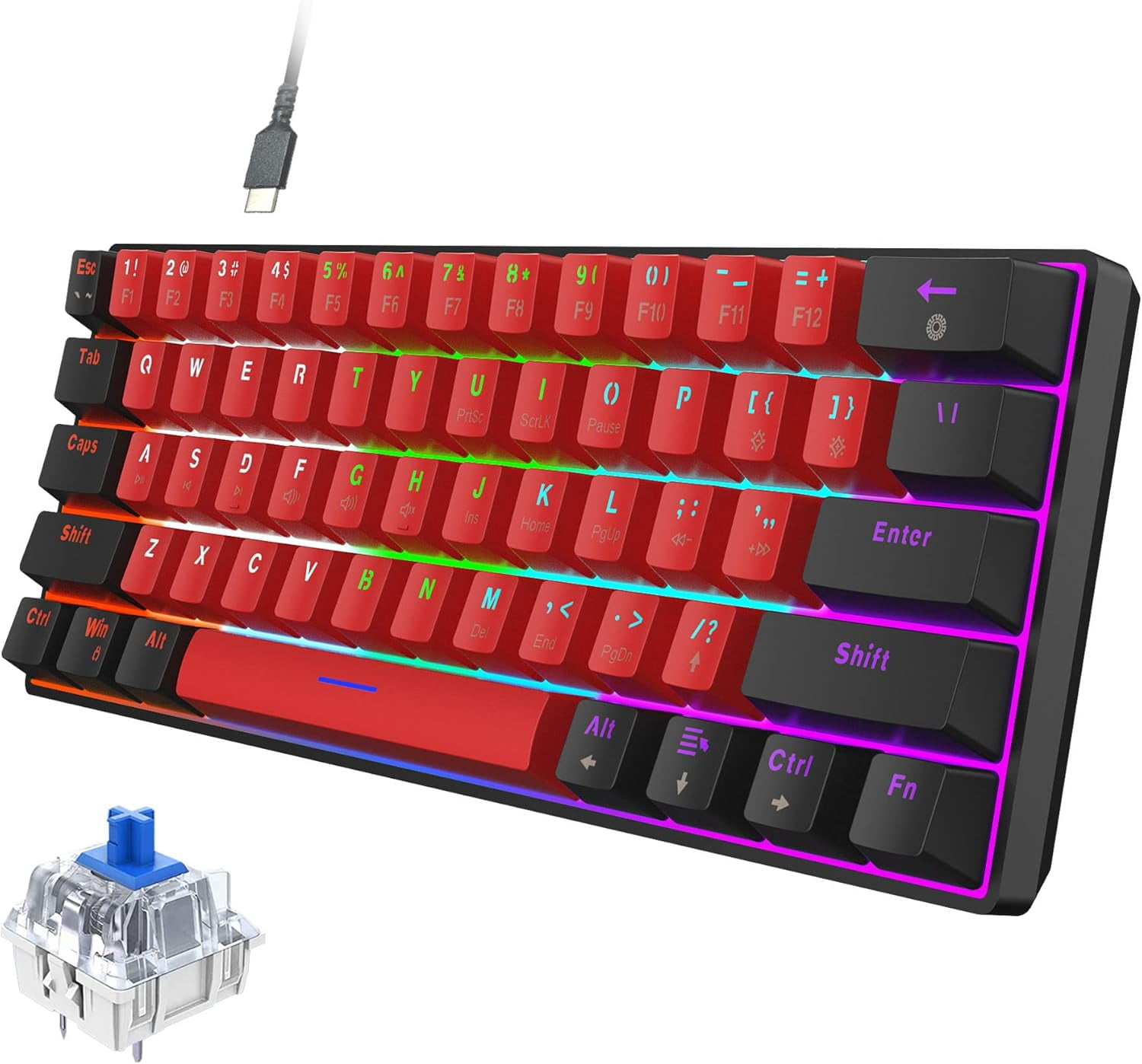 60% Wired Mechanical Gaming Keyboard, Backlit 60 Percent Gaming ...