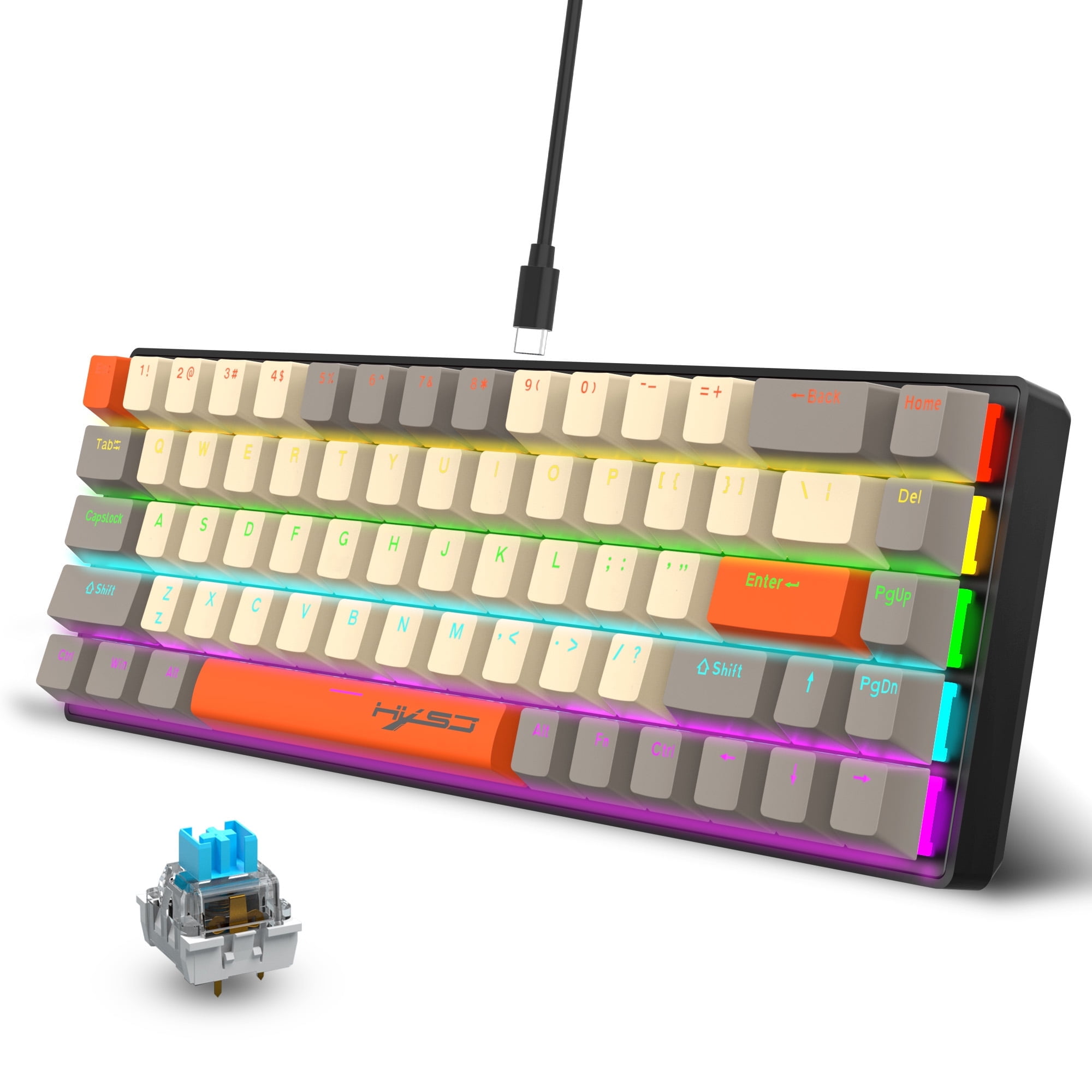 60% Wired Mechanical Gaming Keyboard USB-C with 68 Keys Backlit Mini ...